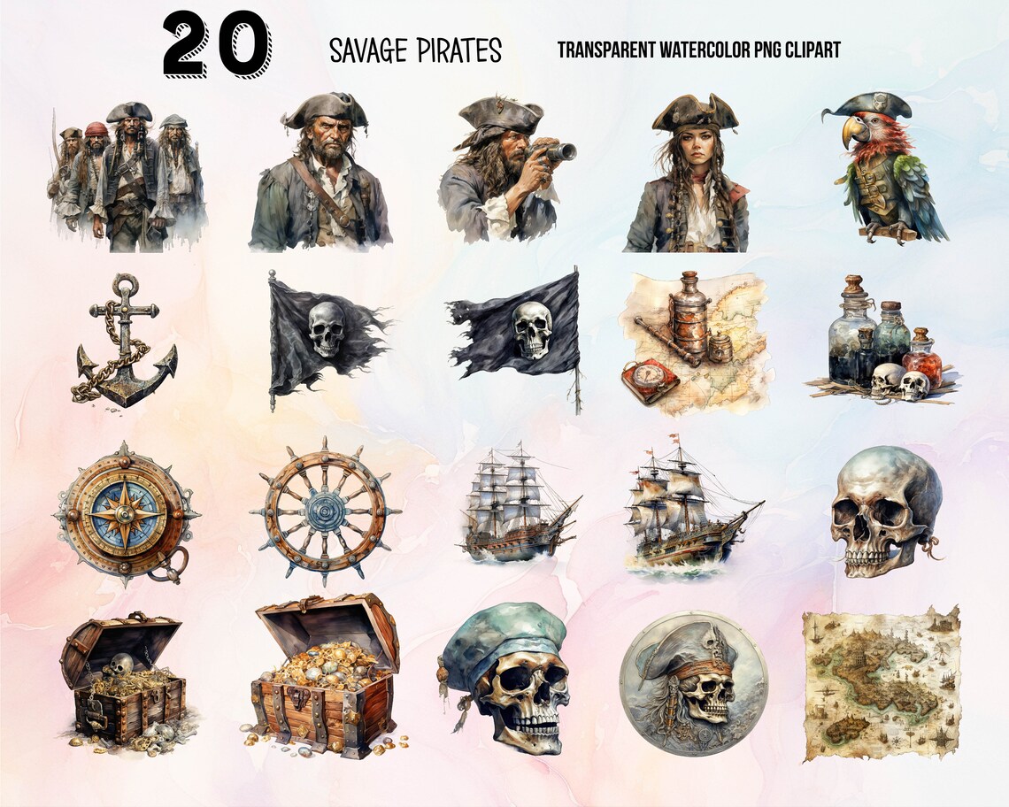 Savage Pirates Clipart Set Collection Pack - Watercolor Pirates ...
