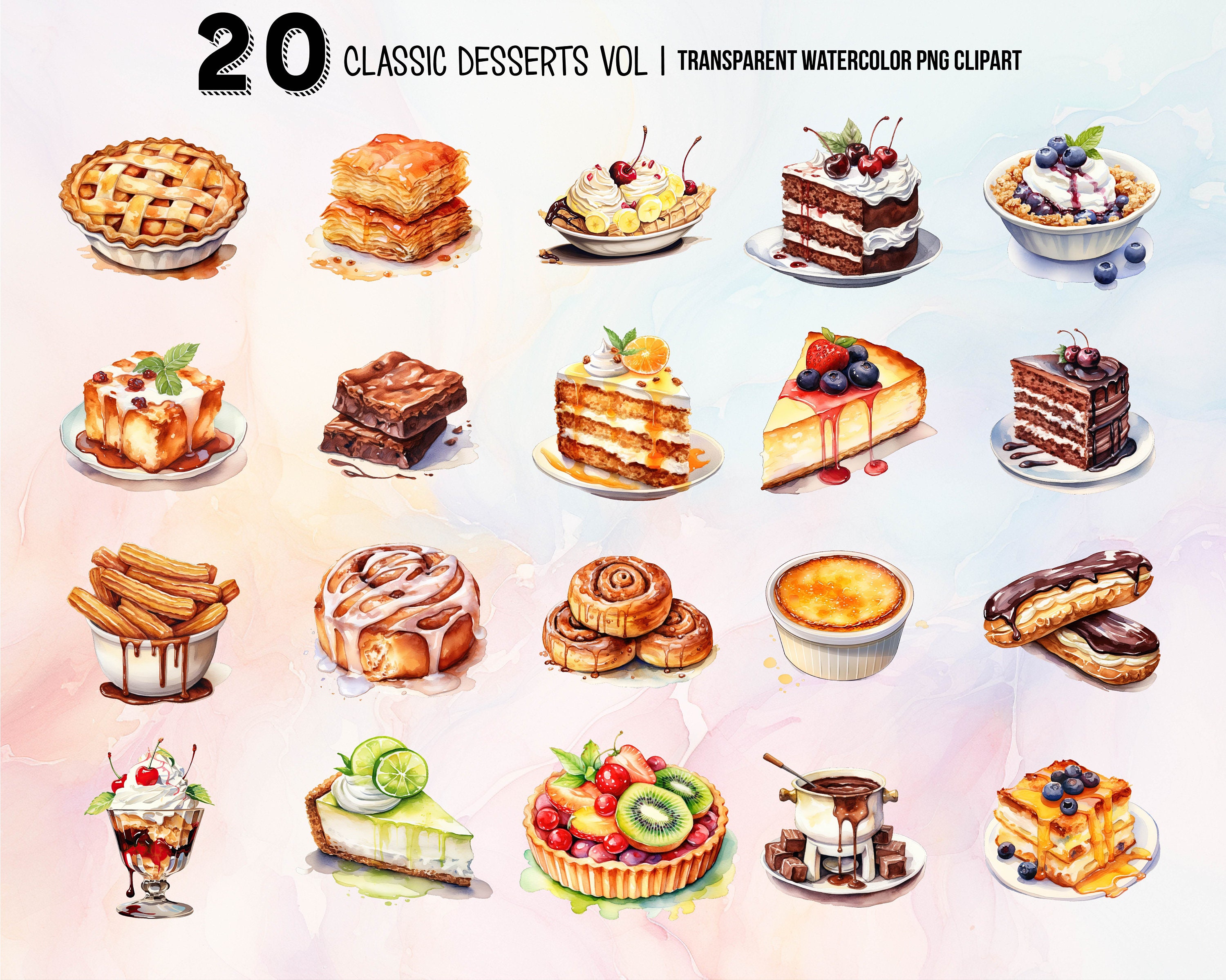 Classic Desserts Vol. 1 Digital Clipart Pack - Watercolor Dessert ...
