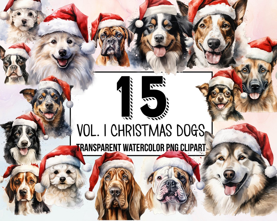 Vol. 1 Watercolor Clipart Pack of 15 Dogs Wearing Santa Claus Hat ...