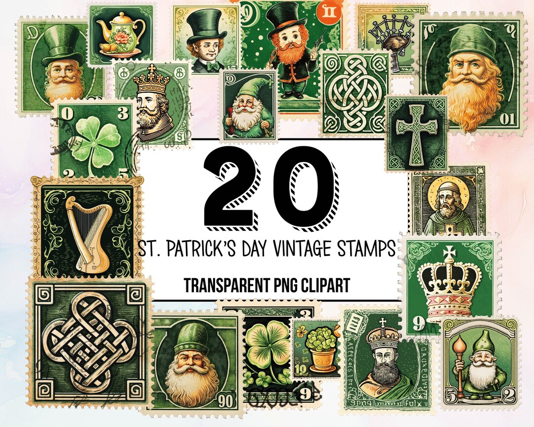St. Patrick's Day Vintage Stamps Clipart Pack, Nostalgic St. Paddy's ...