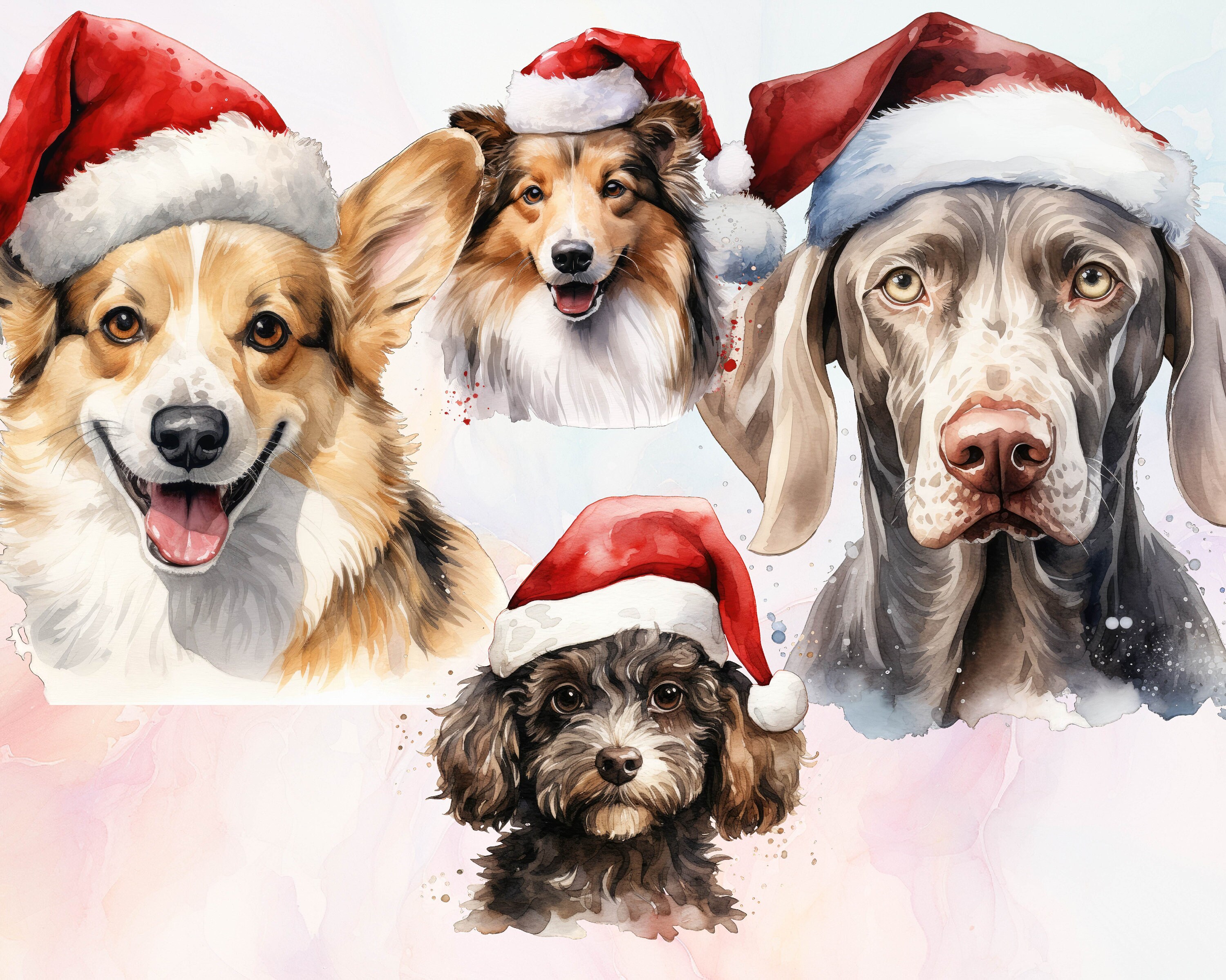 Vol. 3 Watercolor Clipart Pack of 15 Dogs Wearing Santa Claus Hats ...
