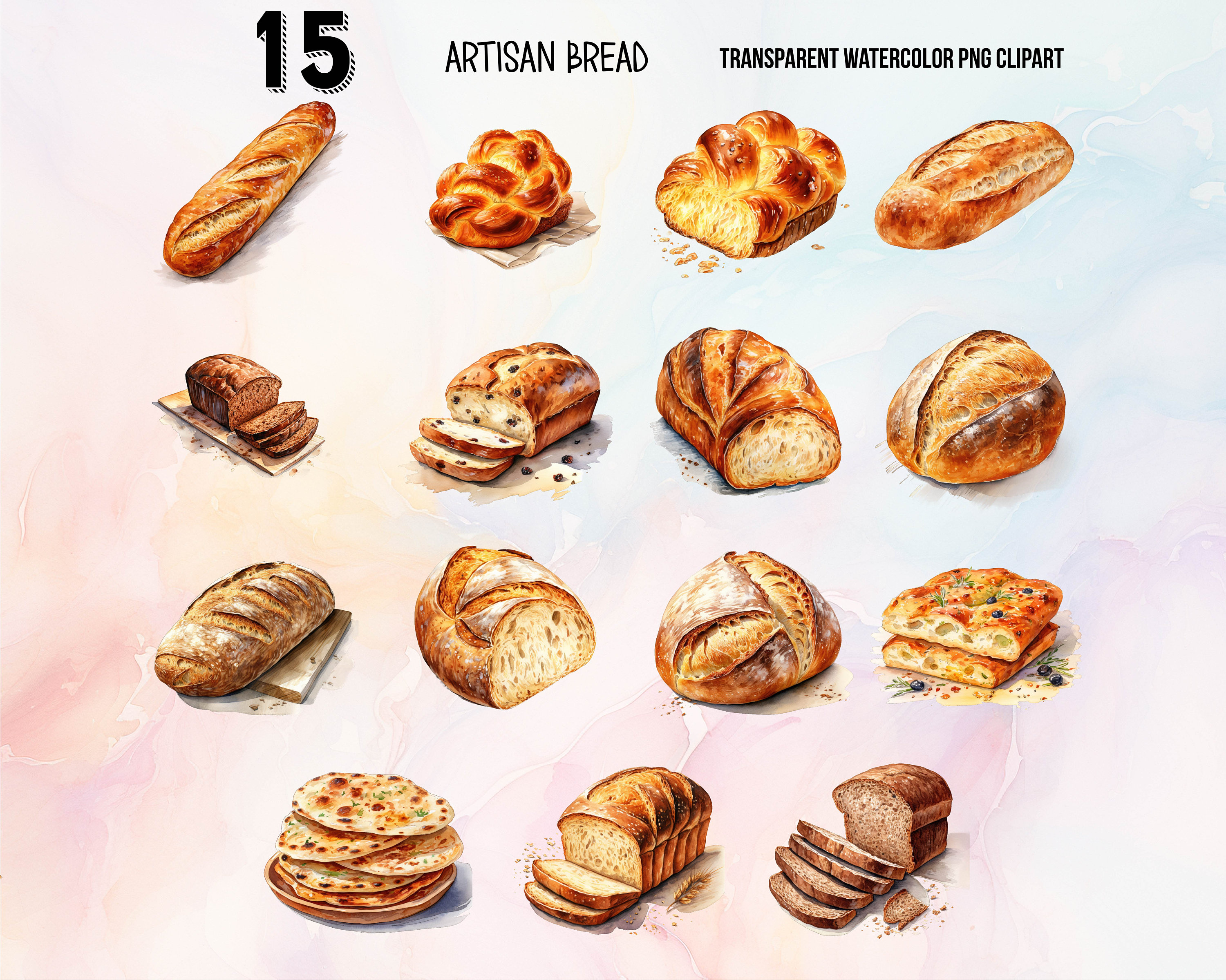 Artisan Bread Clipart Set - Watercolor Bread Illustrations - Artistic ...
