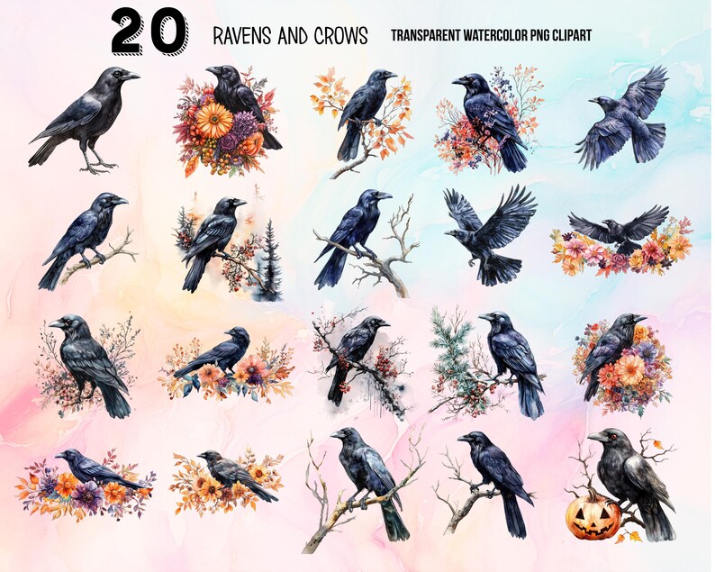 Ravens and Crows Clipart Set Digital Download, Digital Planner, Instant ...