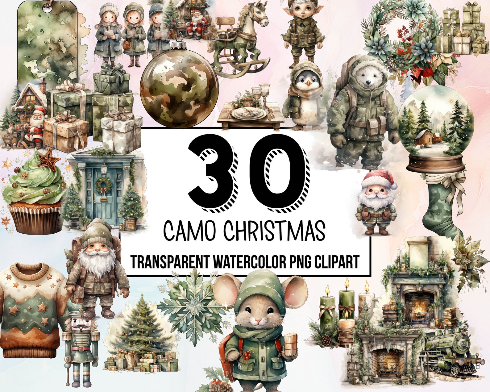 Camo Christmas Digital Clipart Pack Army Camouflage Watercolor ...