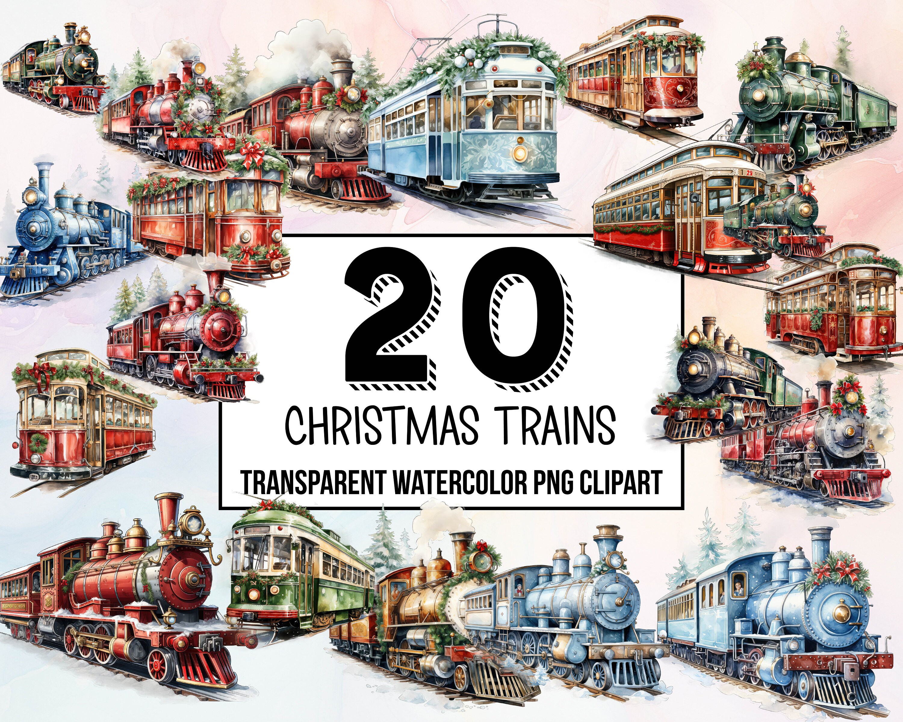 Christmas Trains Digital Clipart Pack Christmas Trains Watercolor ...
