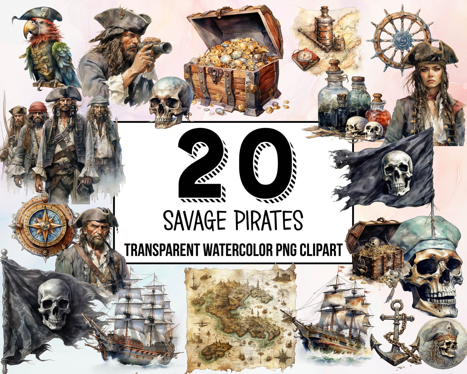 Savage Pirates Clipart Set Collection Pack - Watercolor Pirates ...
