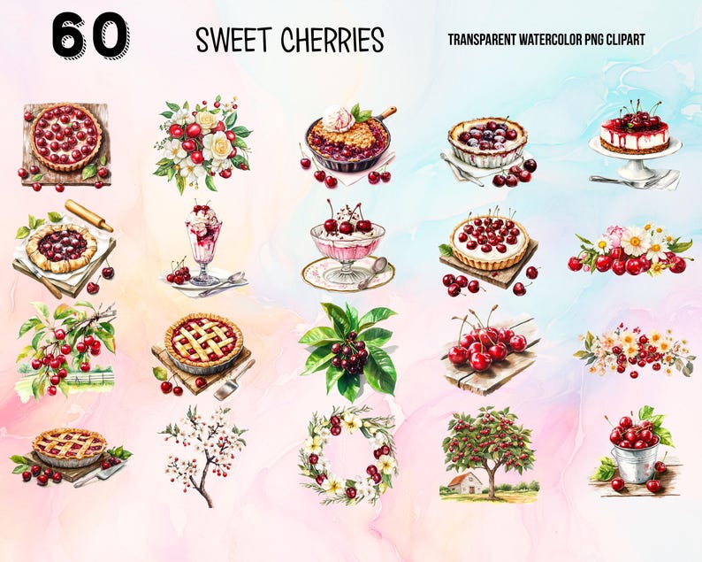 Sweet Cherries Clipart - Watercolor Cherry Fruit Png, Cherry Pie ...