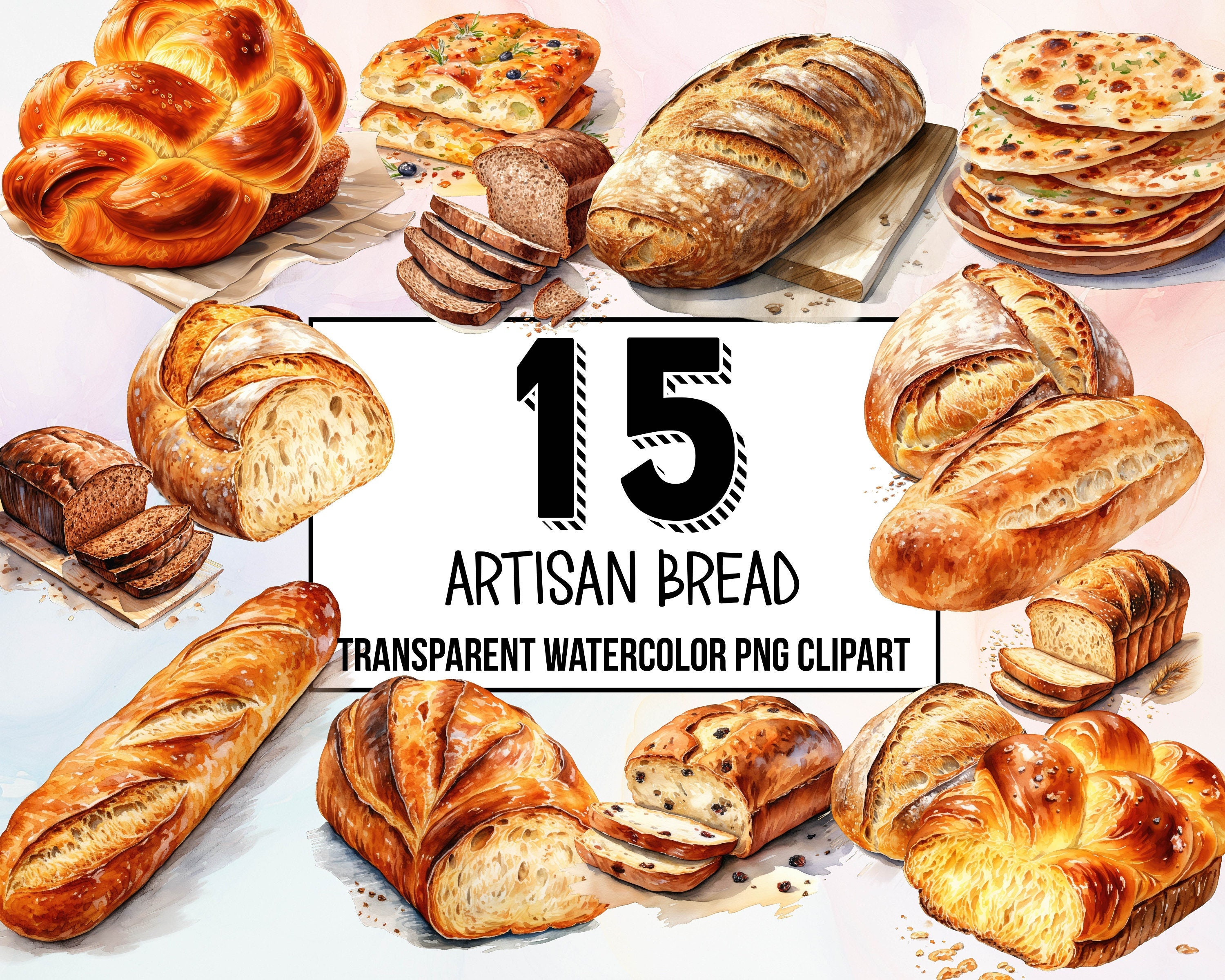 Artisan Bread Clipart Set - Watercolor Bread Illustrations - Artistic ...