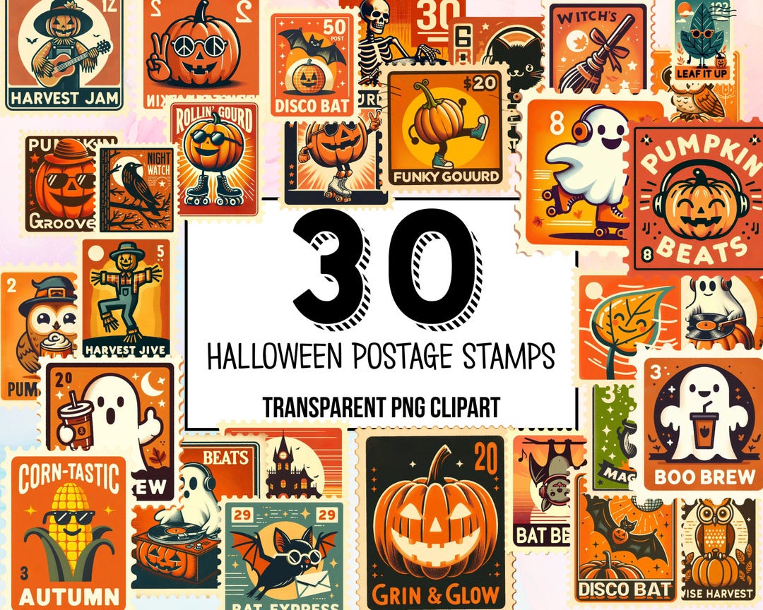 Vintage Halloween Postage Stamp Clipart – Spooky Stamps, Ghost Black ...