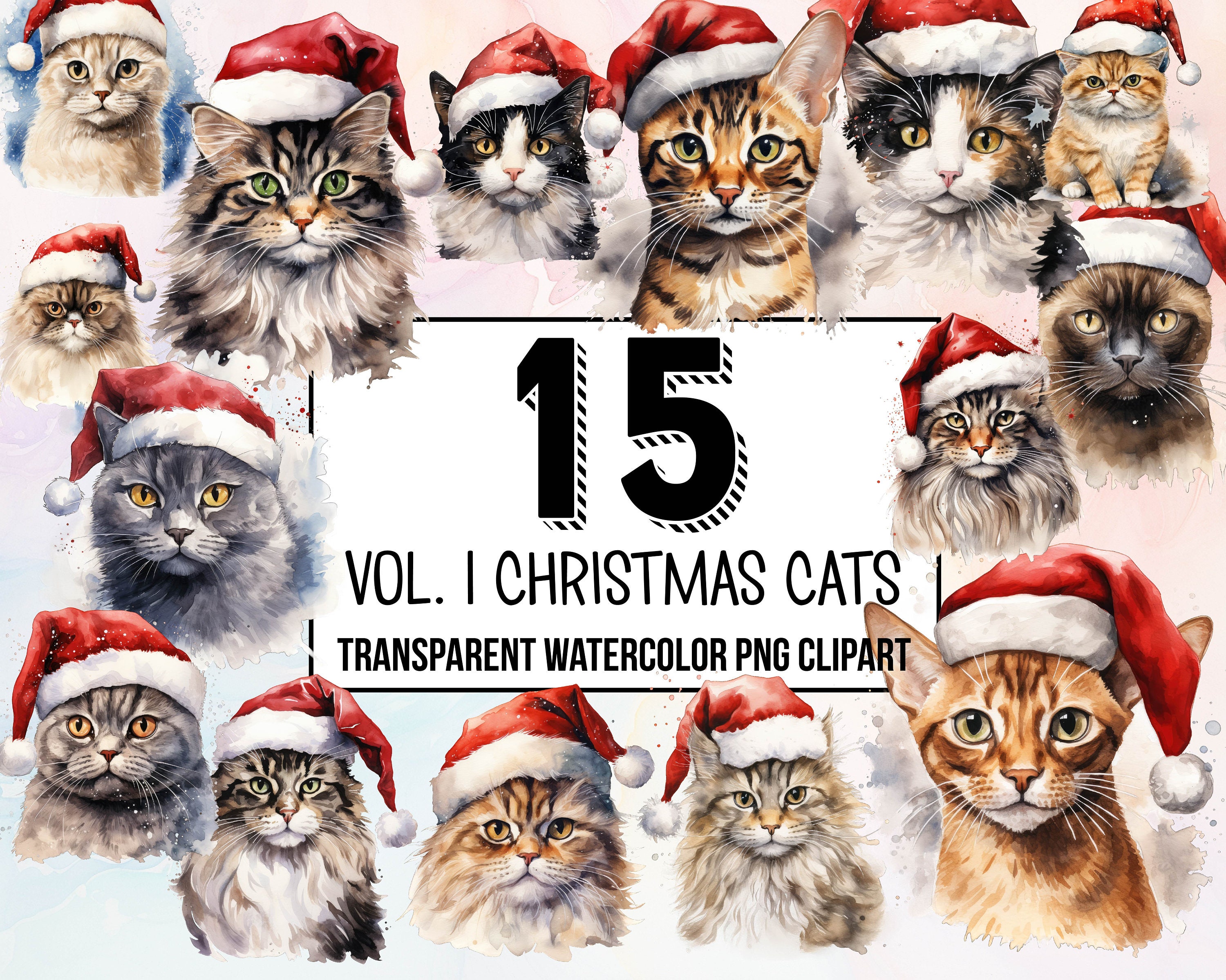 Vol. 1 Watercolor Clipart Pack of 15 Cats Wearing Santa Claus Hat ...