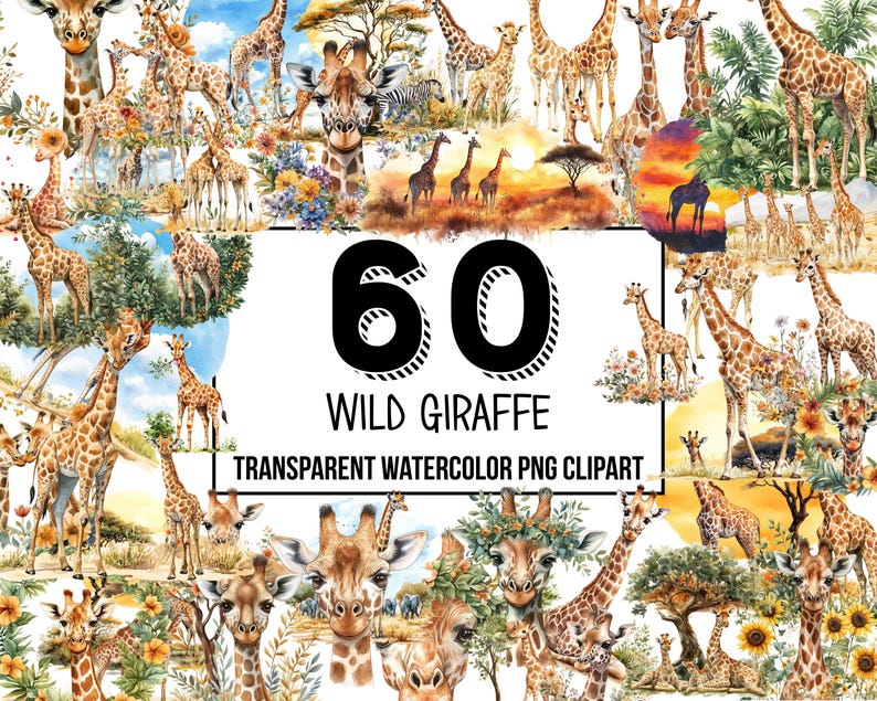 Wild Giraffe Watercolor Clipart - Giraffe Head, Baby Giraffe, Safari ...