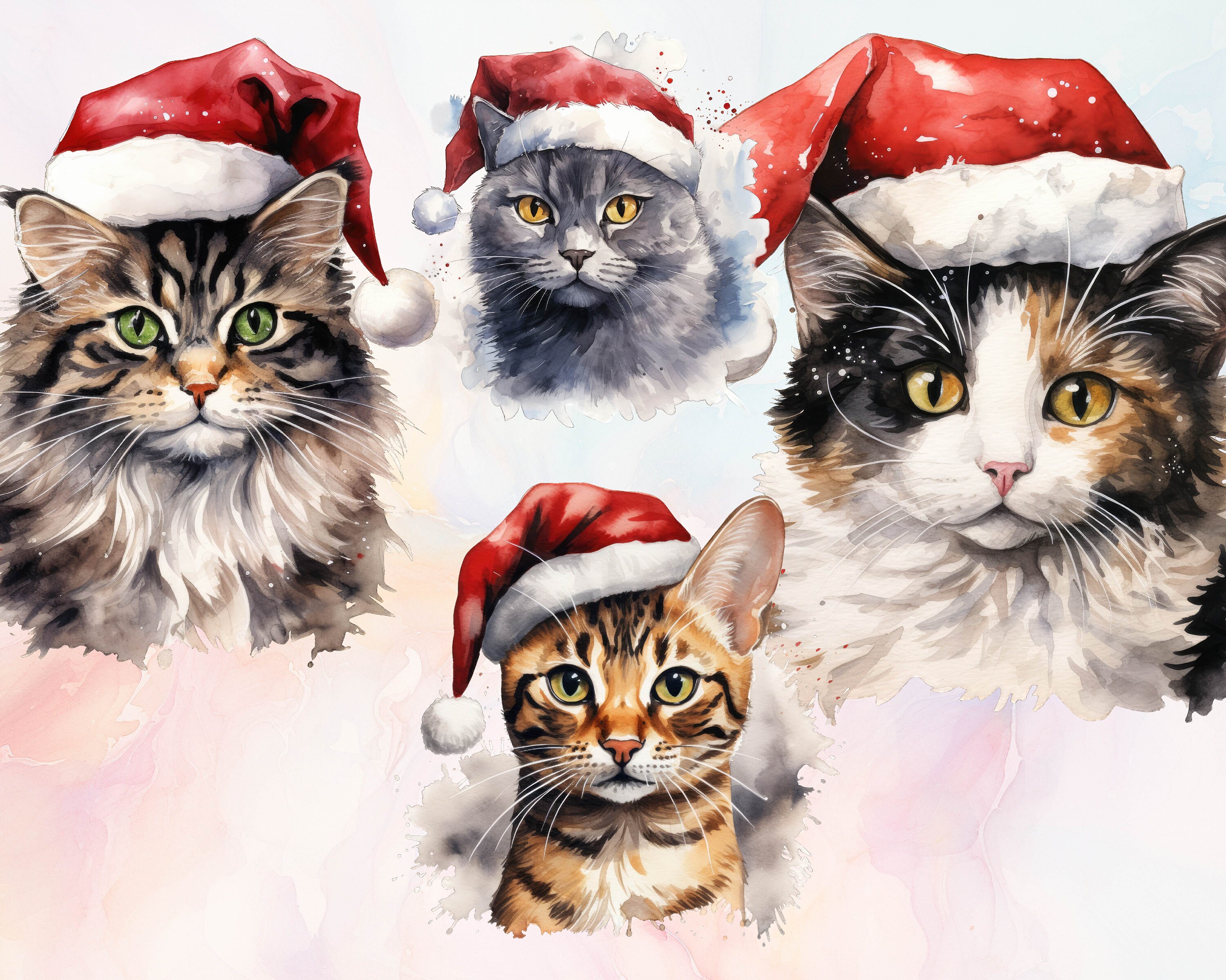 Vol. 1 Watercolor Clipart Pack of 15 Cats Wearing Santa Claus Hats ...