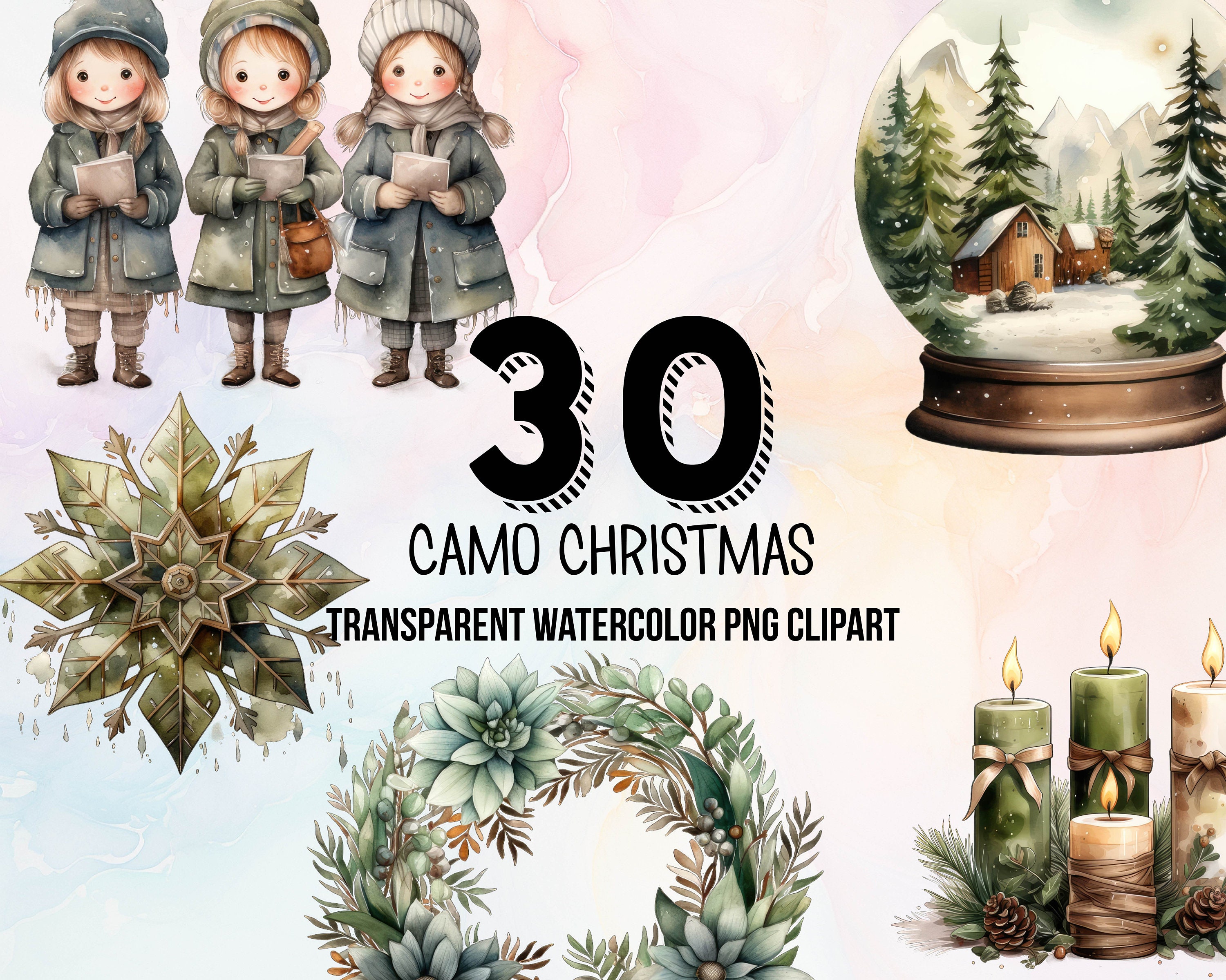 Camo Christmas Digital Clipart Pack Army Camouflage Watercolor ...