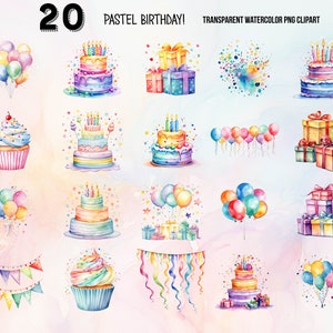 Pastel Birthday Watercolor Clipart Pack - High-quality Digital ...