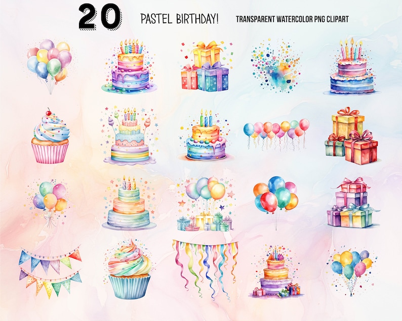 Pastel Birthday Watercolor Clipart Pack - High-quality Digital ...