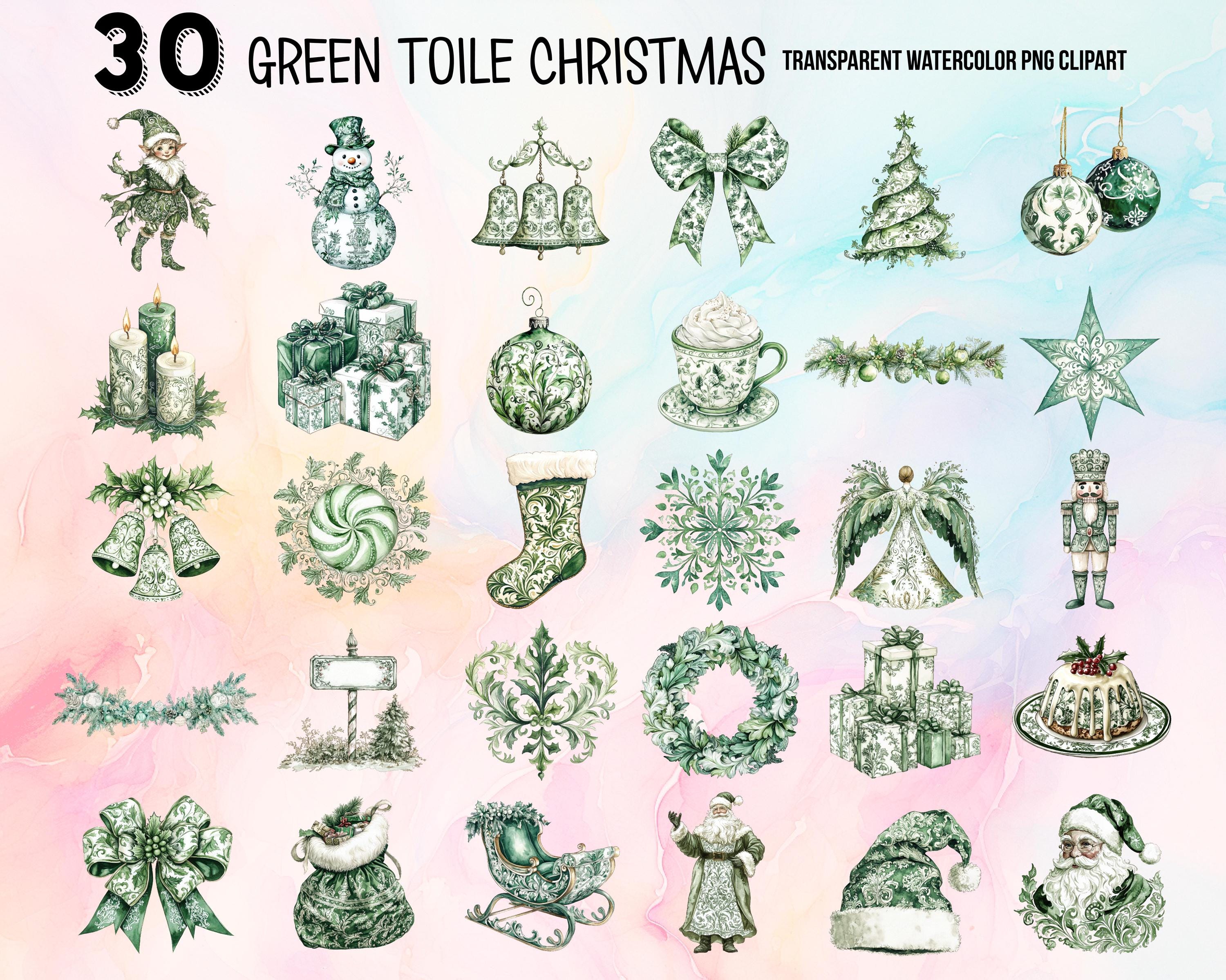 Green Toile Christmas Digital Clipart Pack- Green and White Chinoiserie ...