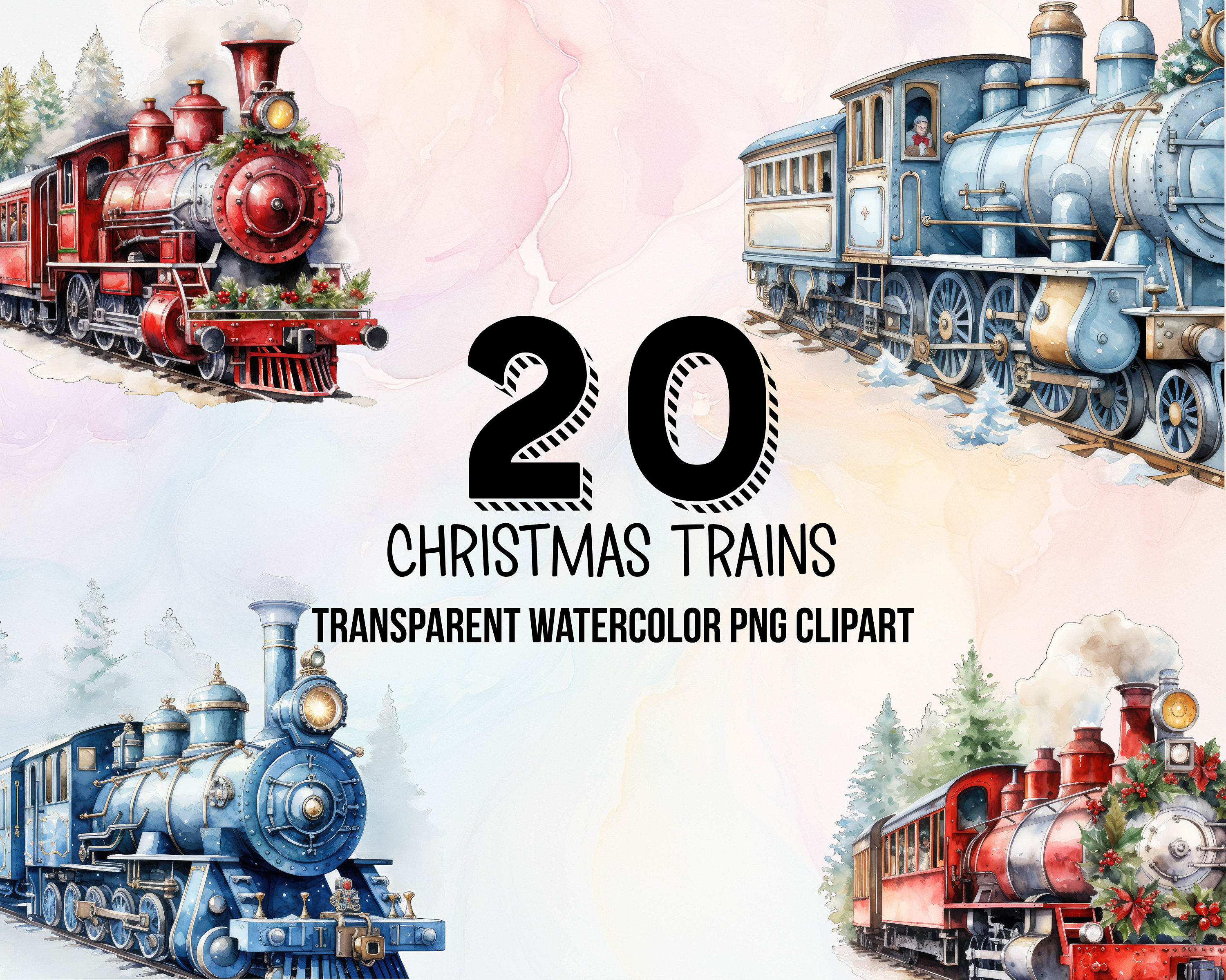 Christmas Trains Digital Clipart Pack Christmas Trains Watercolor ...
