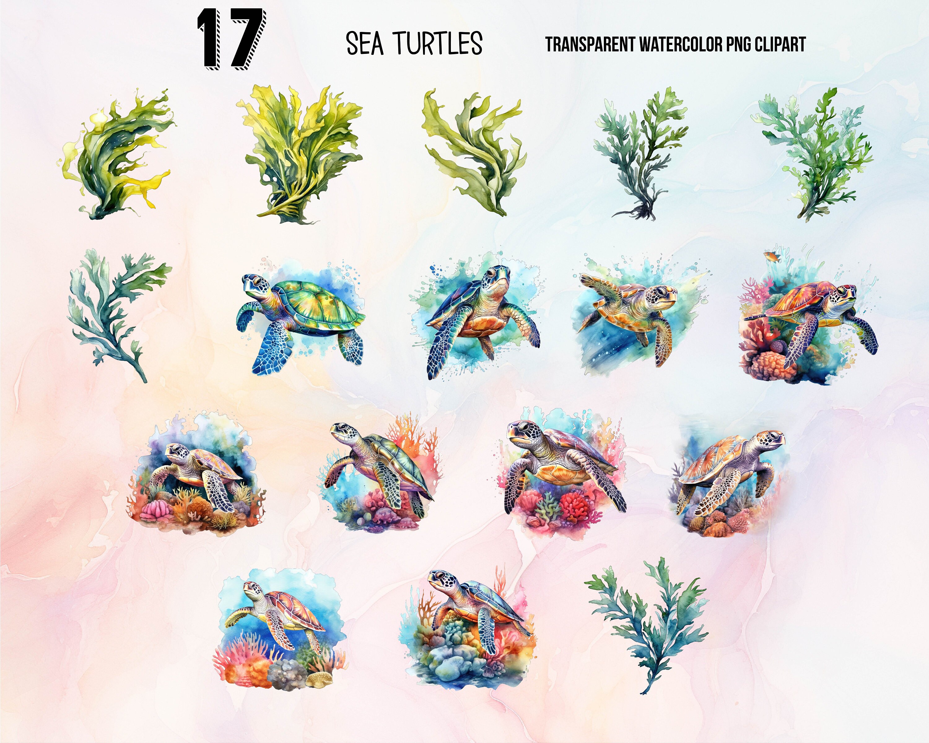 Sea Turtle Clipart Set - Watercolor Ocean Life Illustrations - Artistic ...