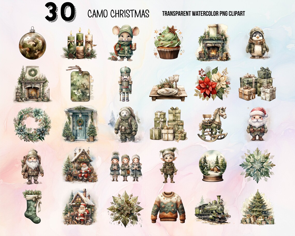 Camo Christmas Digital Clipart Pack Army Camouflage Watercolor ...