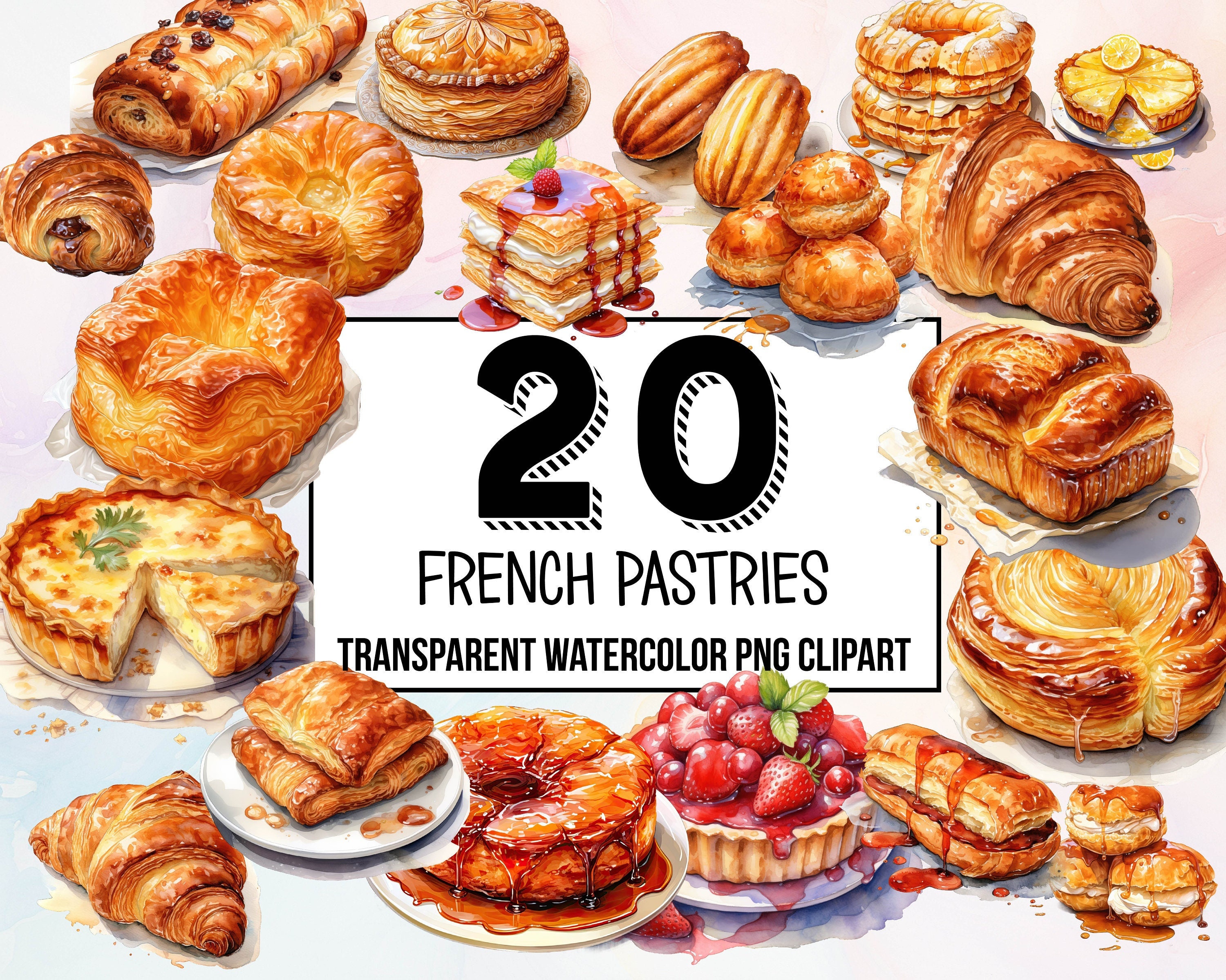 French Pastry Clipart Set - Watercolor Bakery Illustrations - Artistic ...