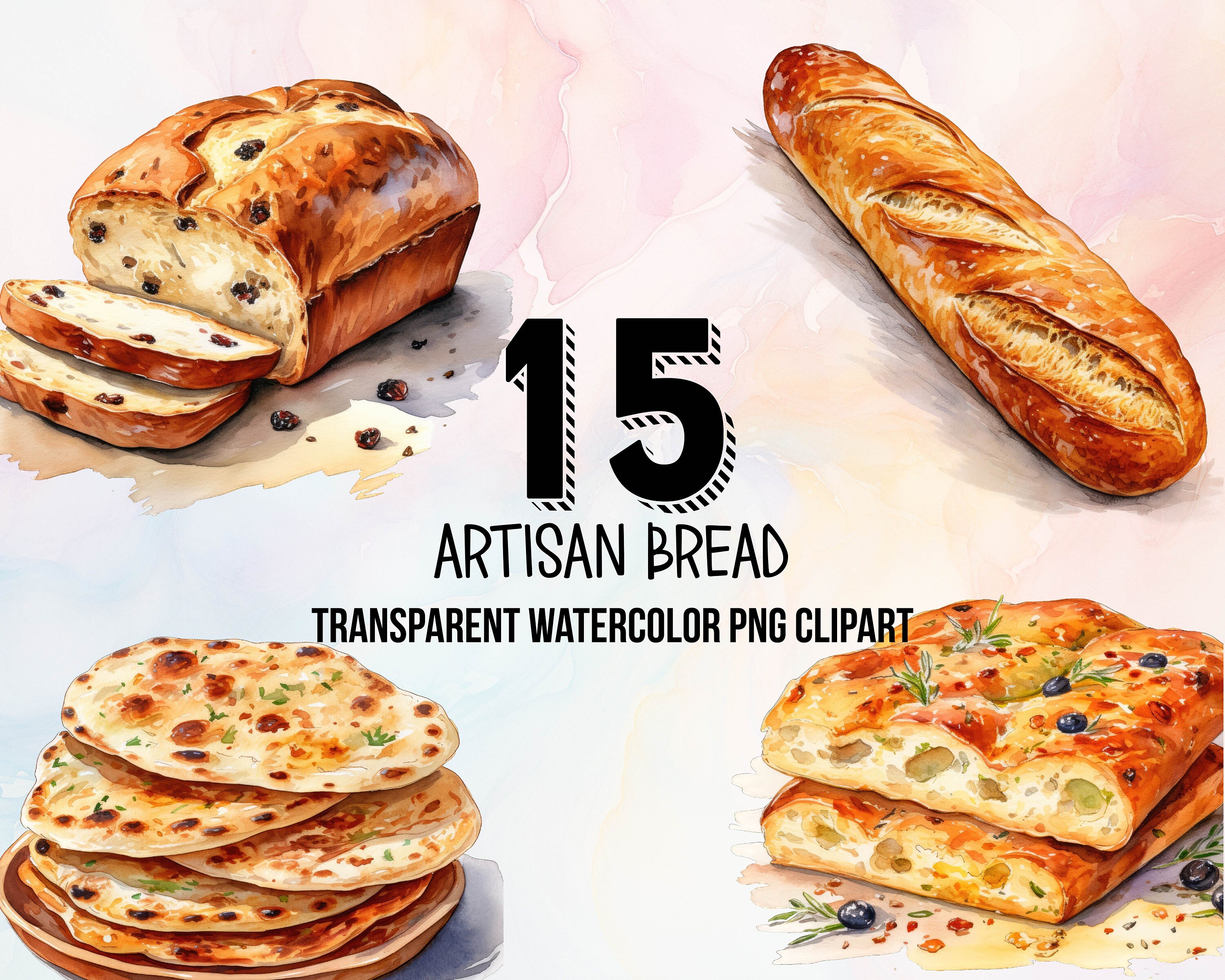 Artisan Bread Clipart Set - Watercolor Bread Illustrations - Artistic ...