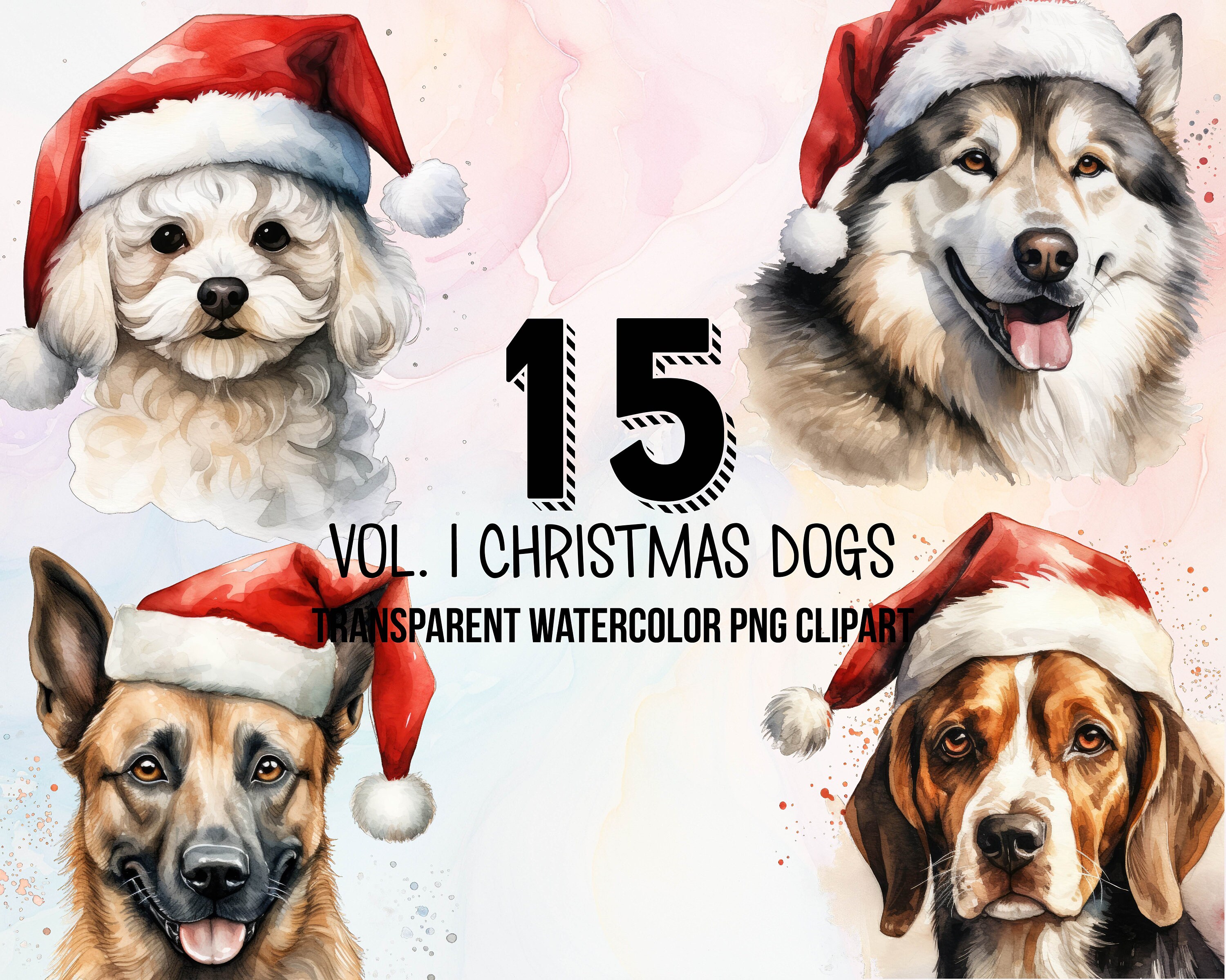Vol. 1 Watercolor Clipart Pack of 15 Dogs Wearing Santa Claus Hats ...