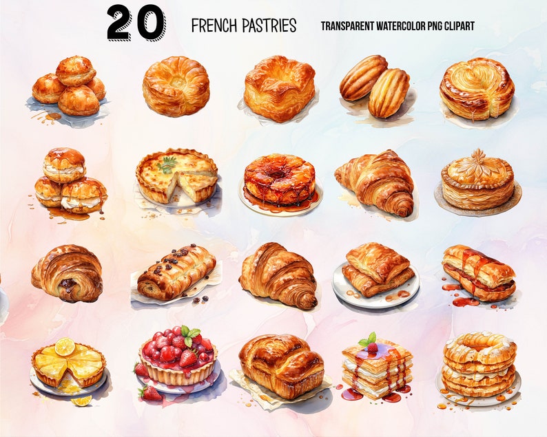 French Pastry Clipart Set - Watercolor Bakery Illustrations - Artistic ...