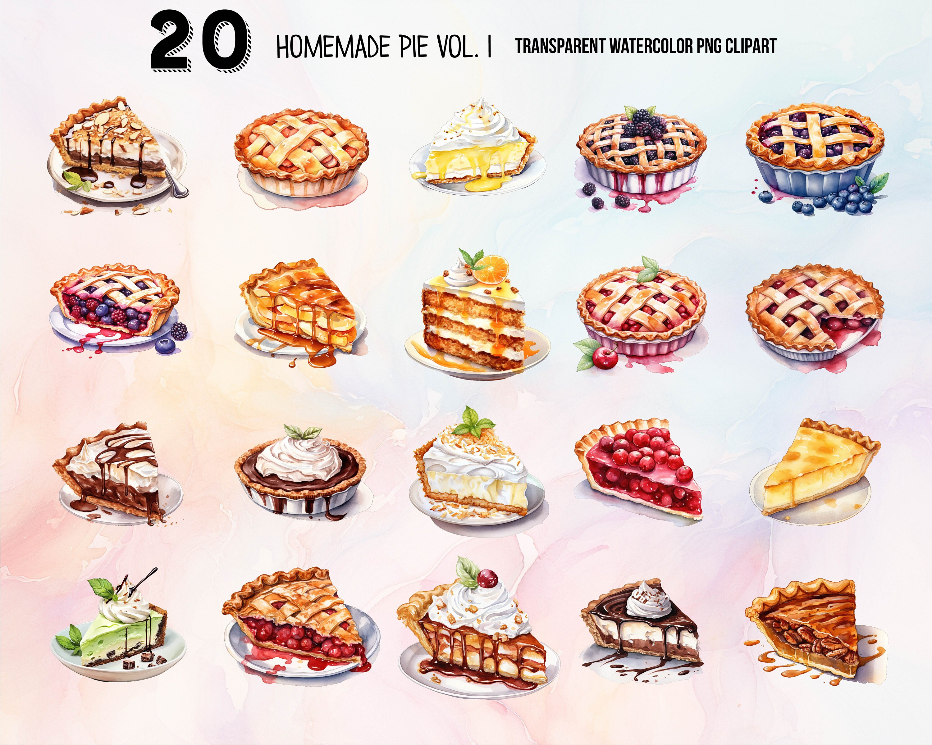Homemade Pie Vol. 1 Digital Clipart Pack - Watercolor Dessert ...