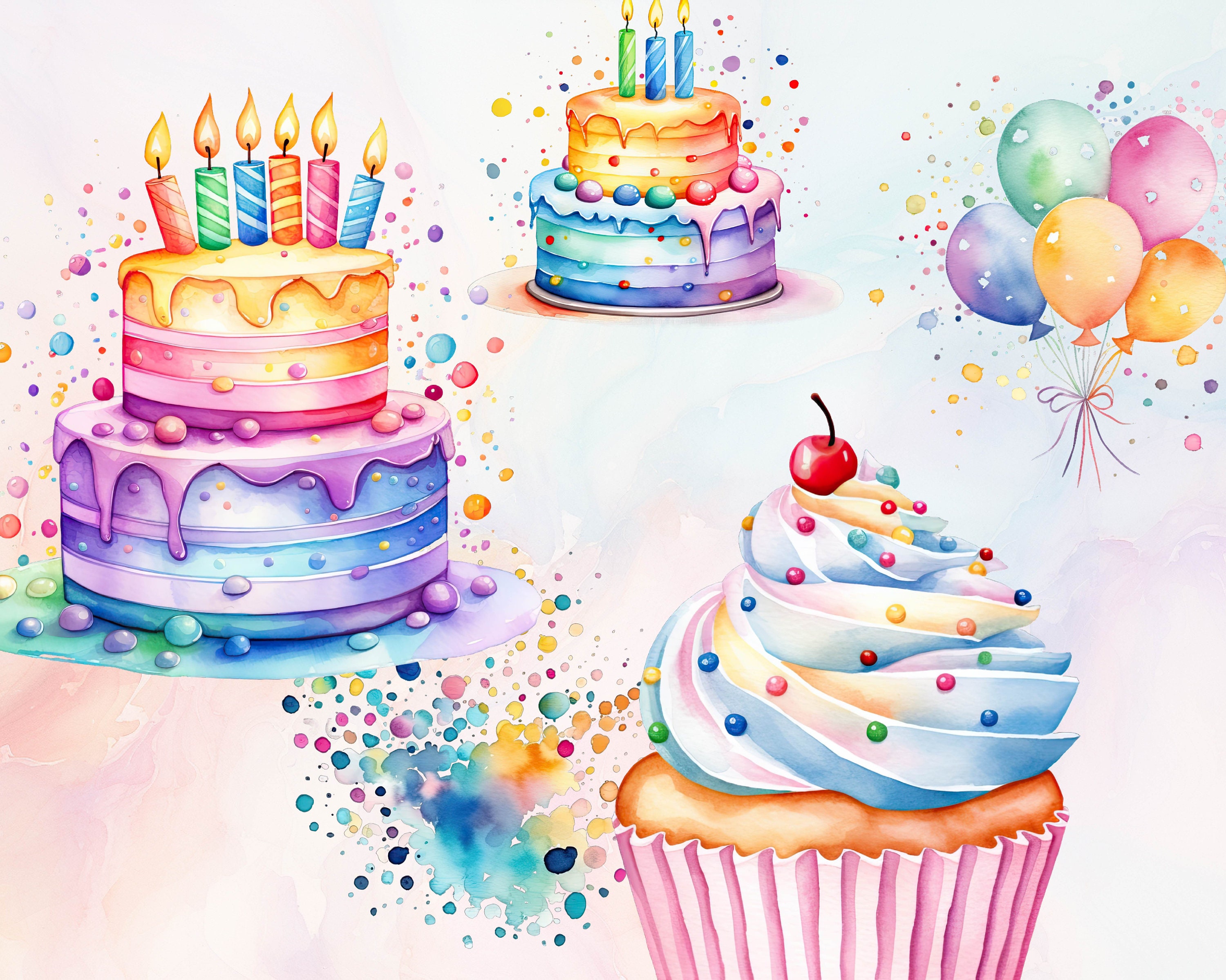 Pastel Birthday Watercolor Clipart Pack High-quality Digital ...