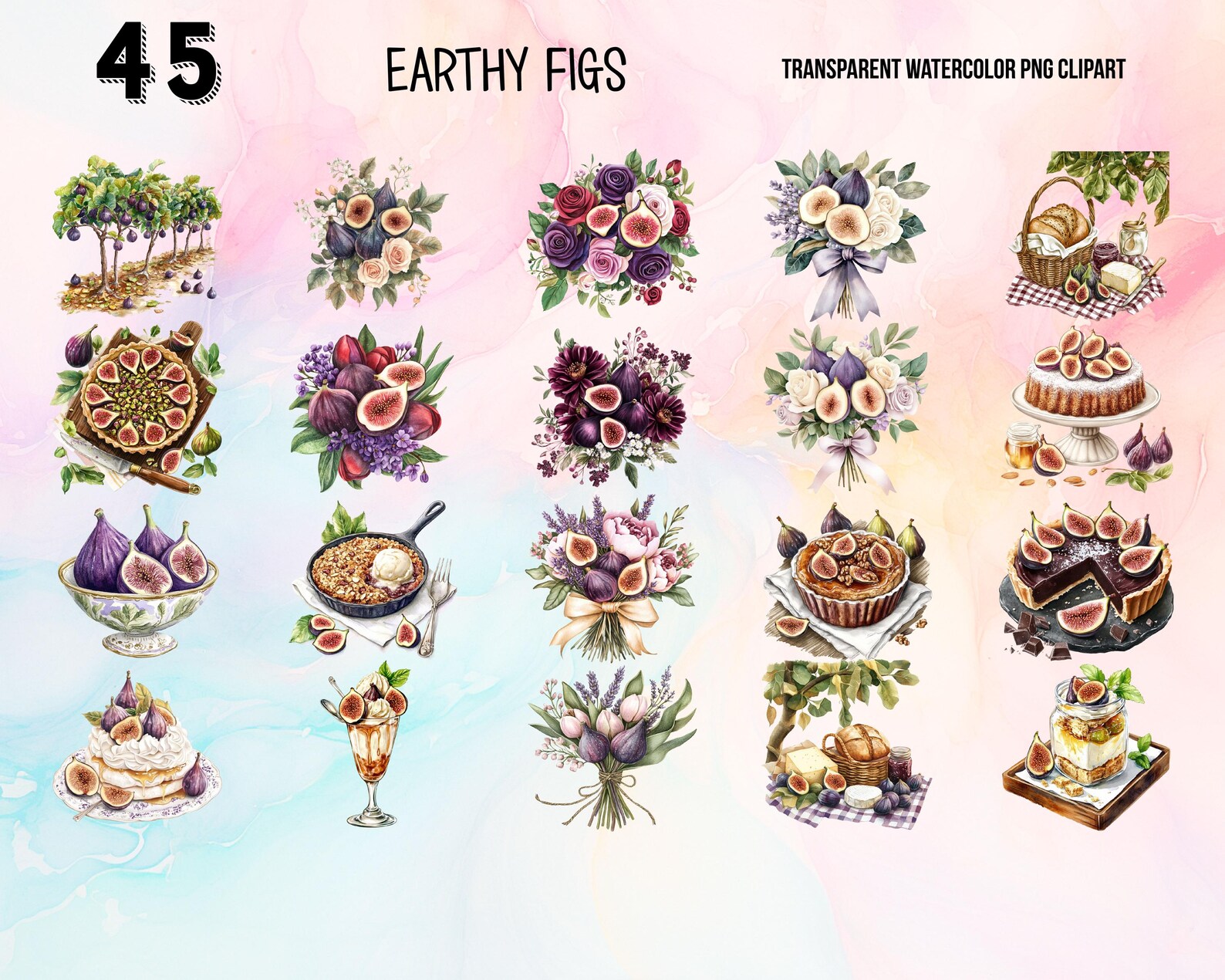 Earthy Figs Clipart - Watercolor Fig Branch, Fig Tree, Fruit Clipart ...