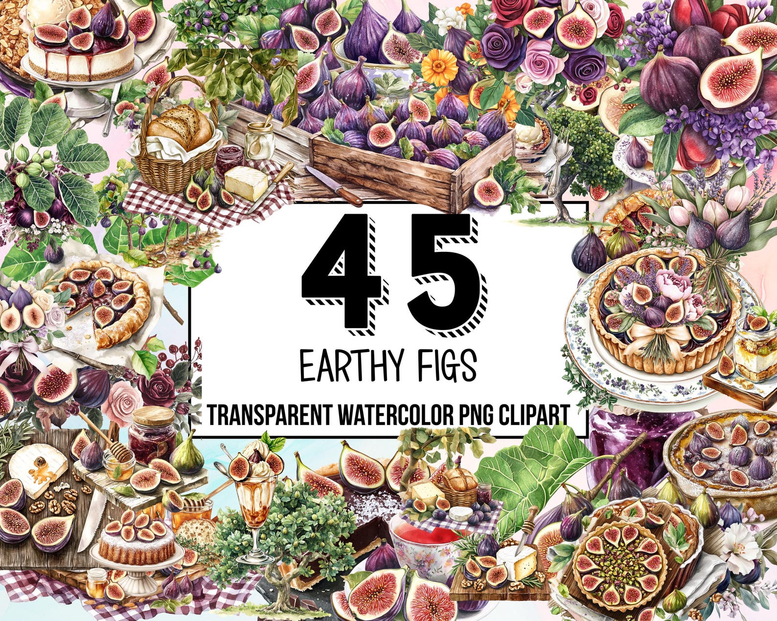 Earthy Figs Clipart - Watercolor Fig Branch, Fig Tree, Fruit Clipart ...