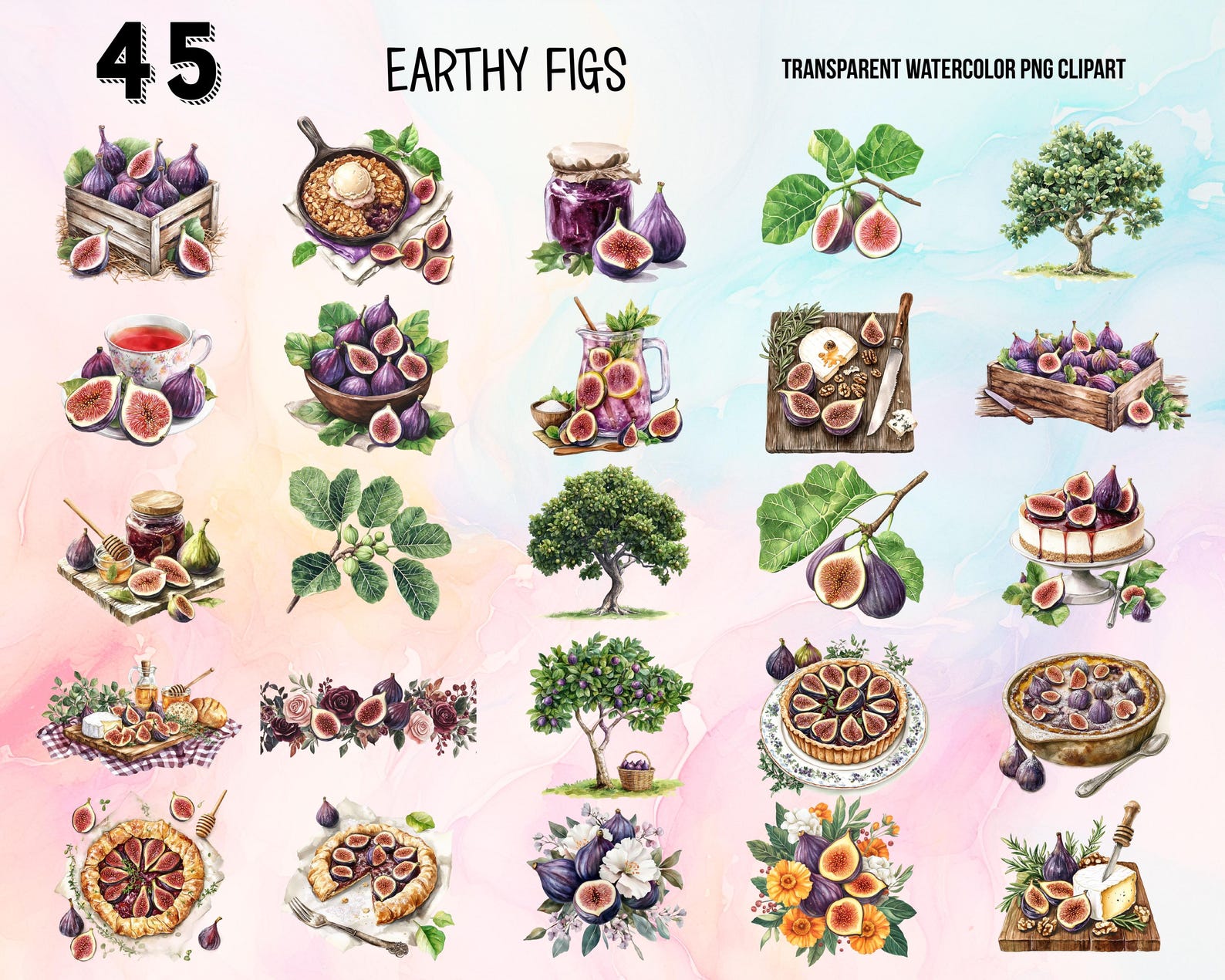 Earthy Figs Clipart - Watercolor Fig Branch, Fig Tree, Fruit Clipart ...