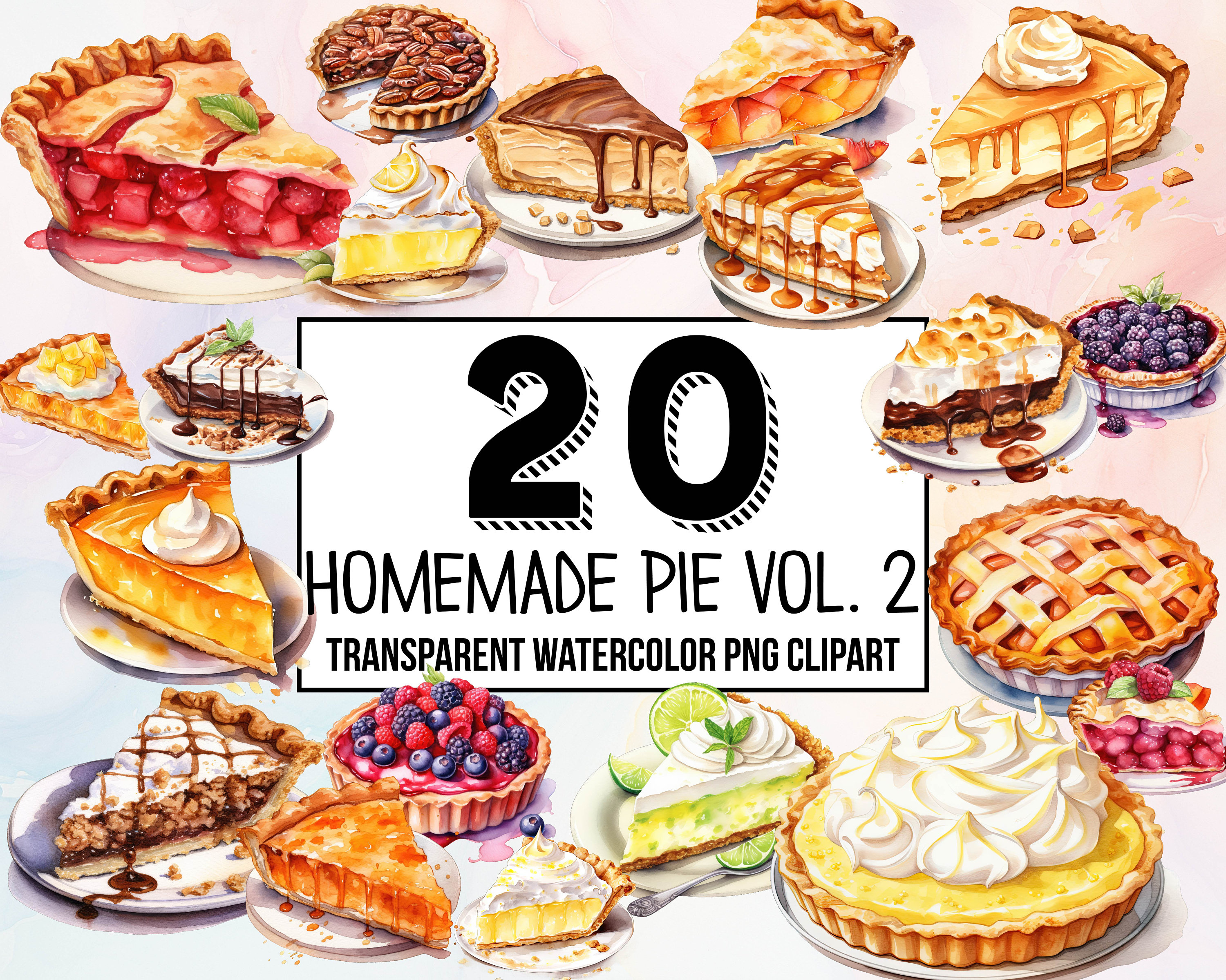 Homemade Pie Vol. 2 Digital Clipart Pack - Watercolor Dessert ...