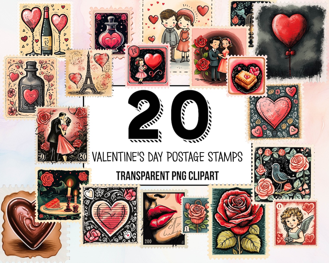 Vintage Clip Art Valentine's Day Postage Stamps Clipart Pack, Vintage ...