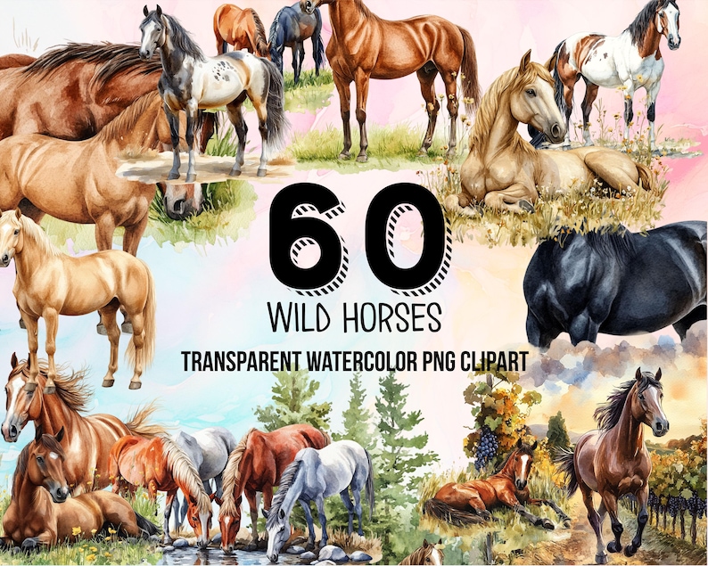 Wild Horses Watercolor Clipart - Horse Silhouette, Running Horses ...