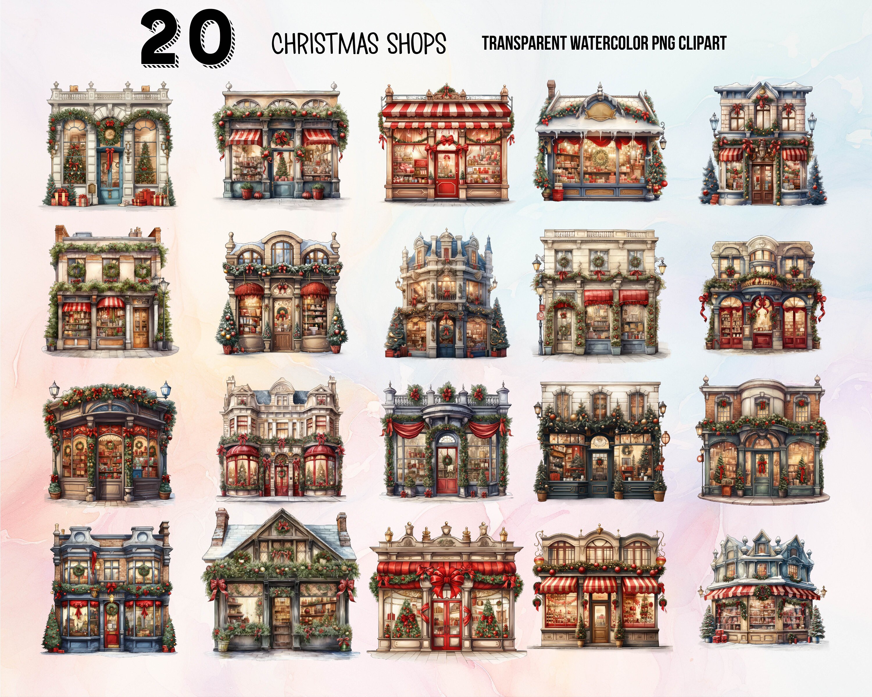Christmas Shop Fronts Clipart Pack, Traditional Christmas Decor ...