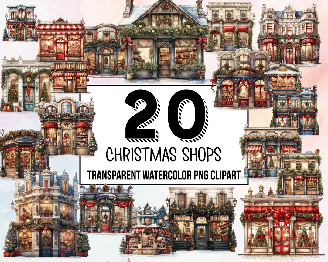 Christmas Shop Fronts Clipart Pack, Traditional Christmas Decor ...