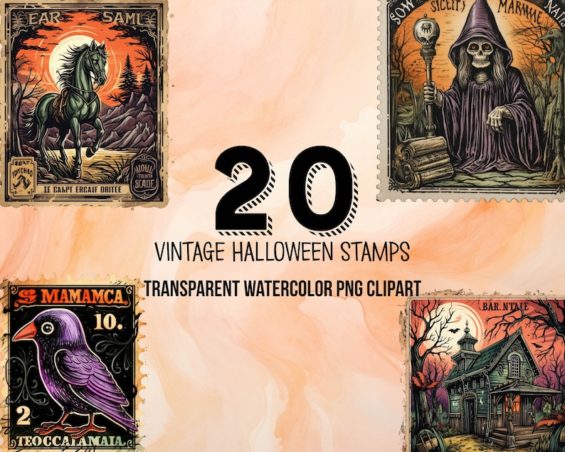 Vintage Halloween Stamps - Watercolor Clipart - Spooky Holiday ...