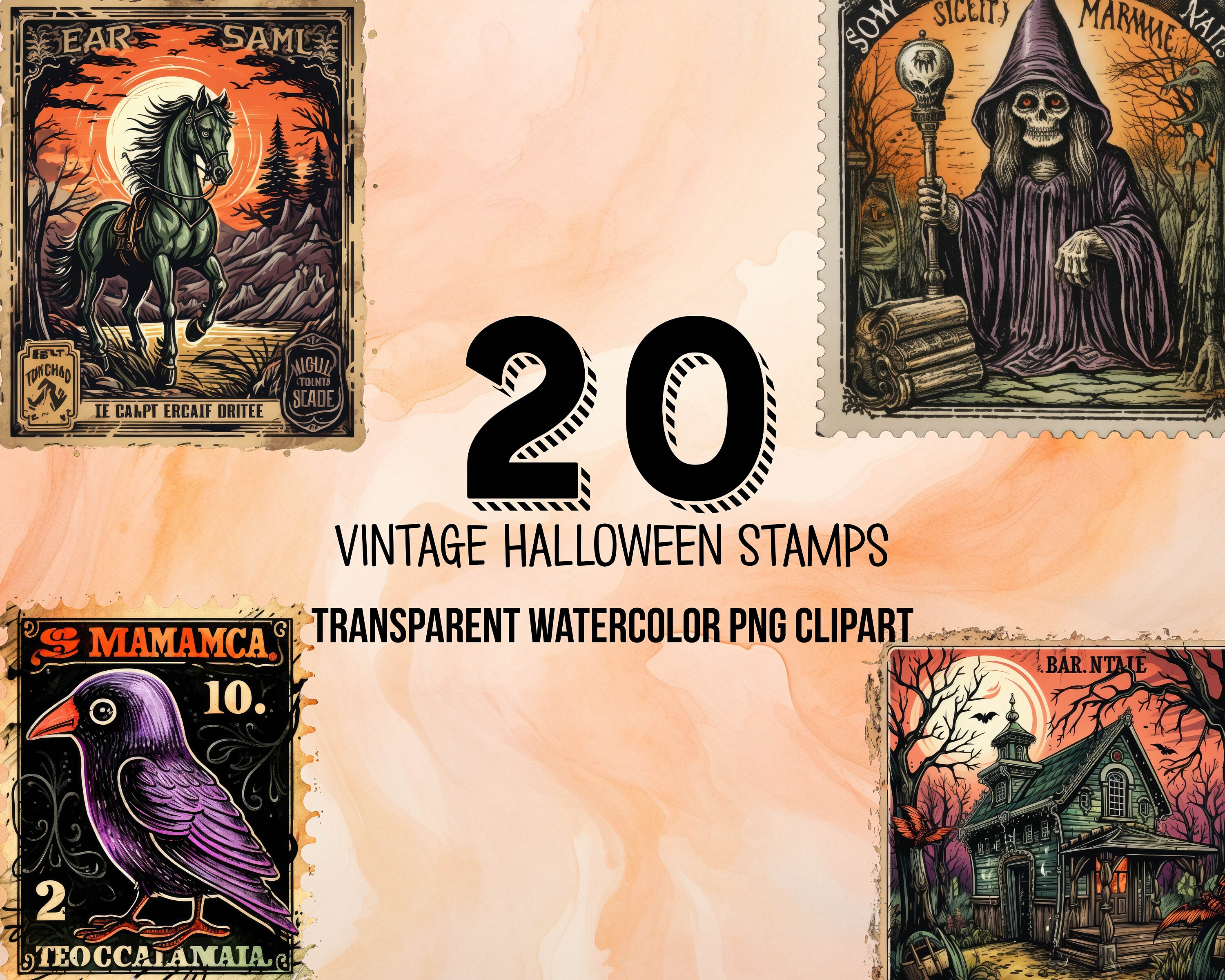 Vintage Halloween Stamps - Watercolor Clipart - Spooky Holiday ...