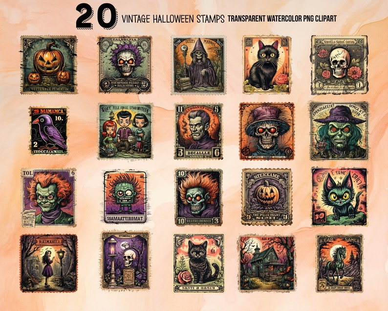 Vintage Halloween Stamps - Watercolor Clipart - Spooky Holiday ...