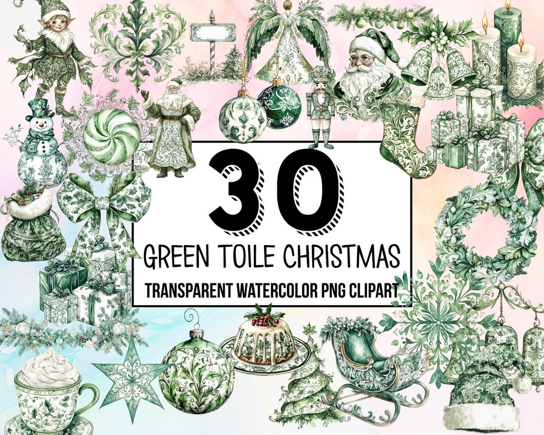 Green Toile Christmas Digital Clipart Pack- Green and White Chinoiserie ...