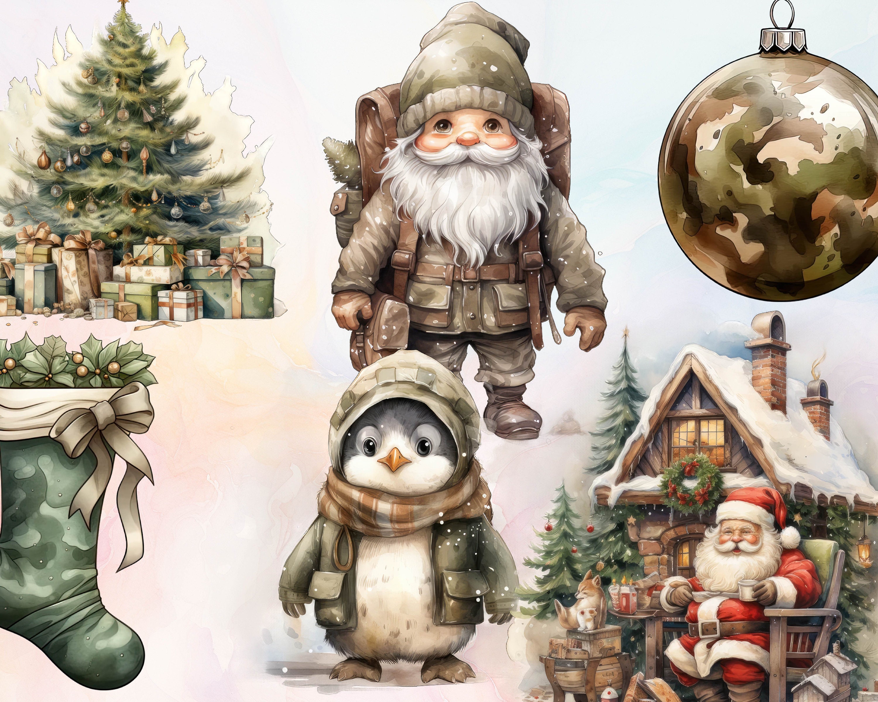 Camo Christmas Digital Clipart Pack Army Camouflage Watercolor ...