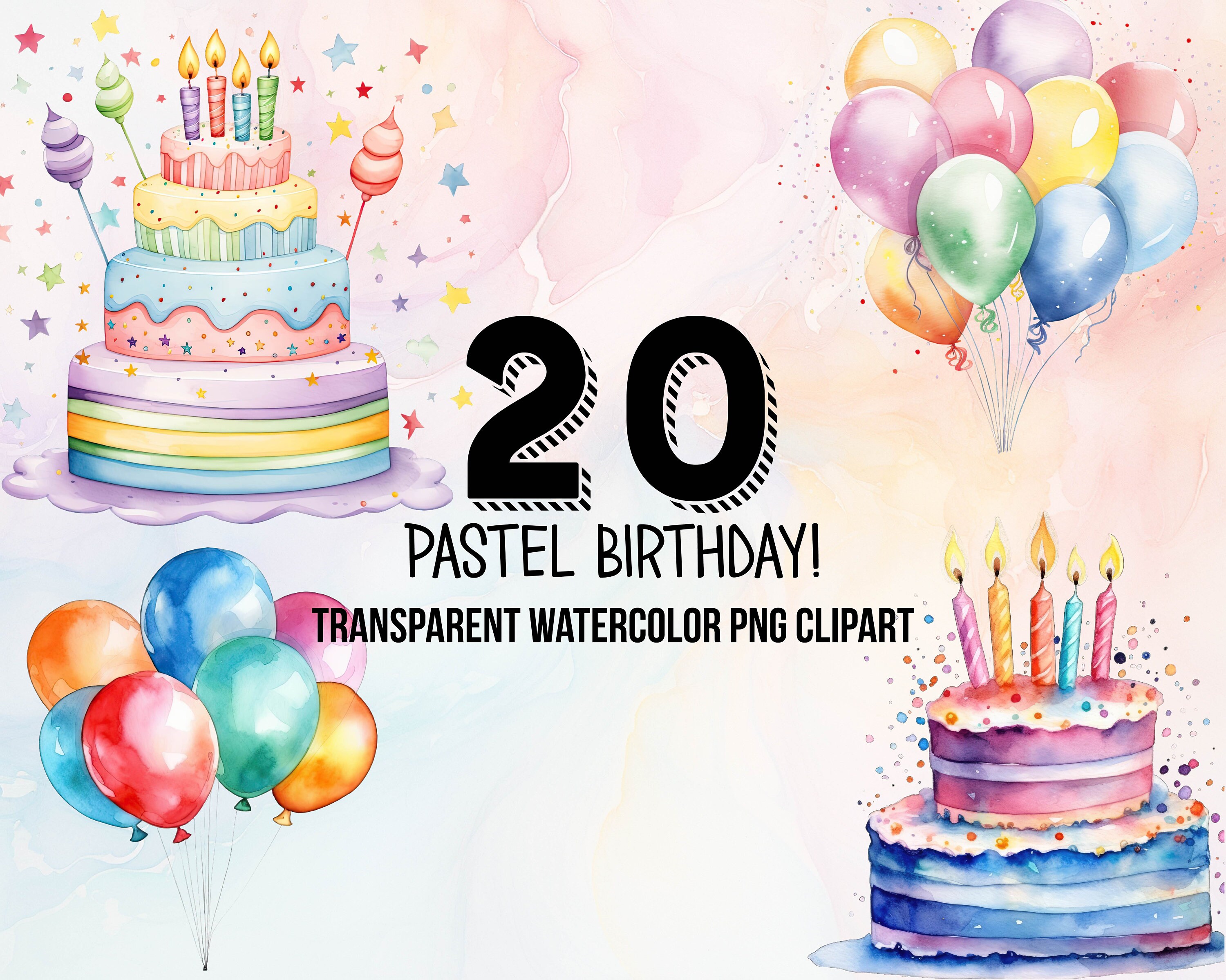 Pastel Birthday Watercolor Clipart Pack - High-quality Digital ...