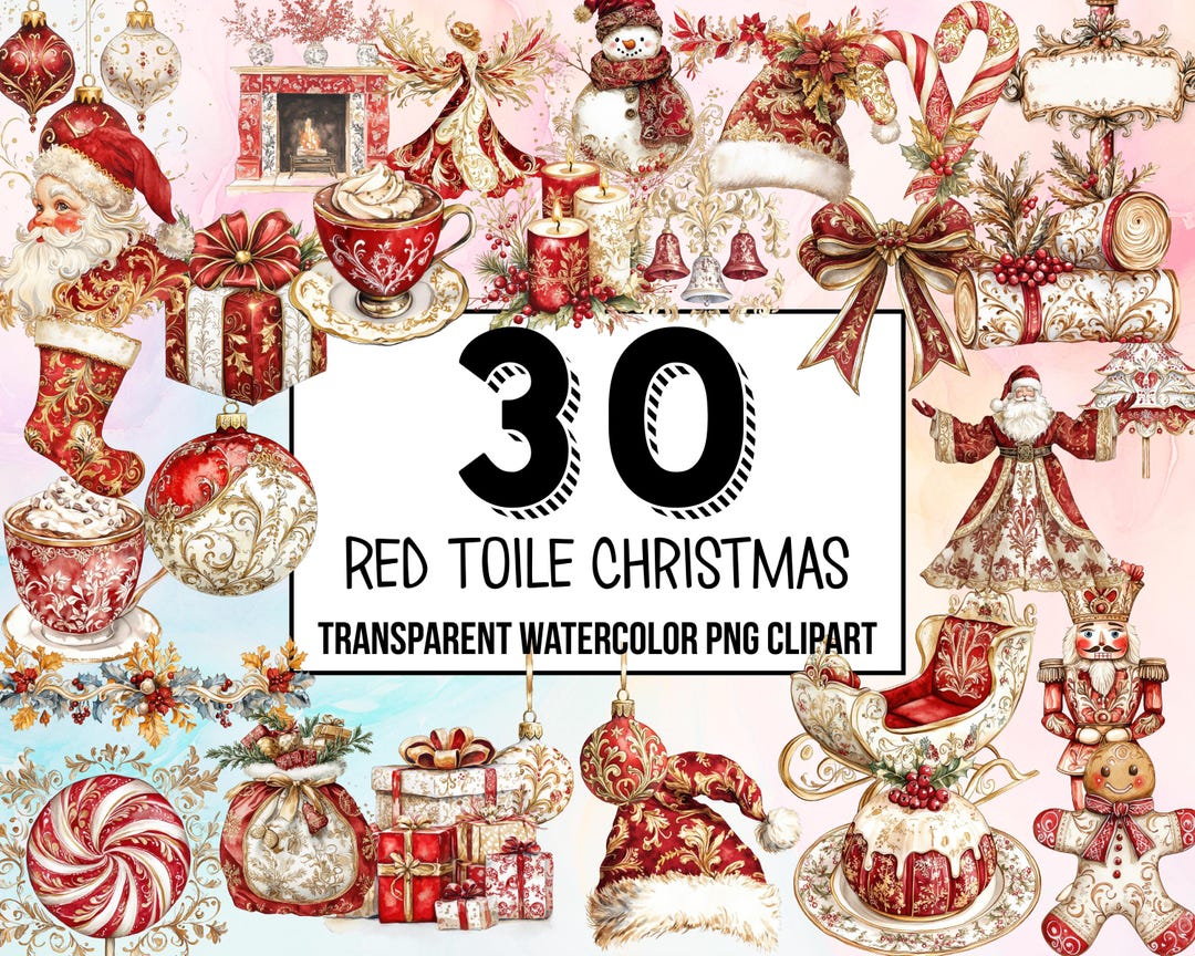 Red Toile Christmas Clipart Pack, Traditional Christmas Decor, Digital ...
