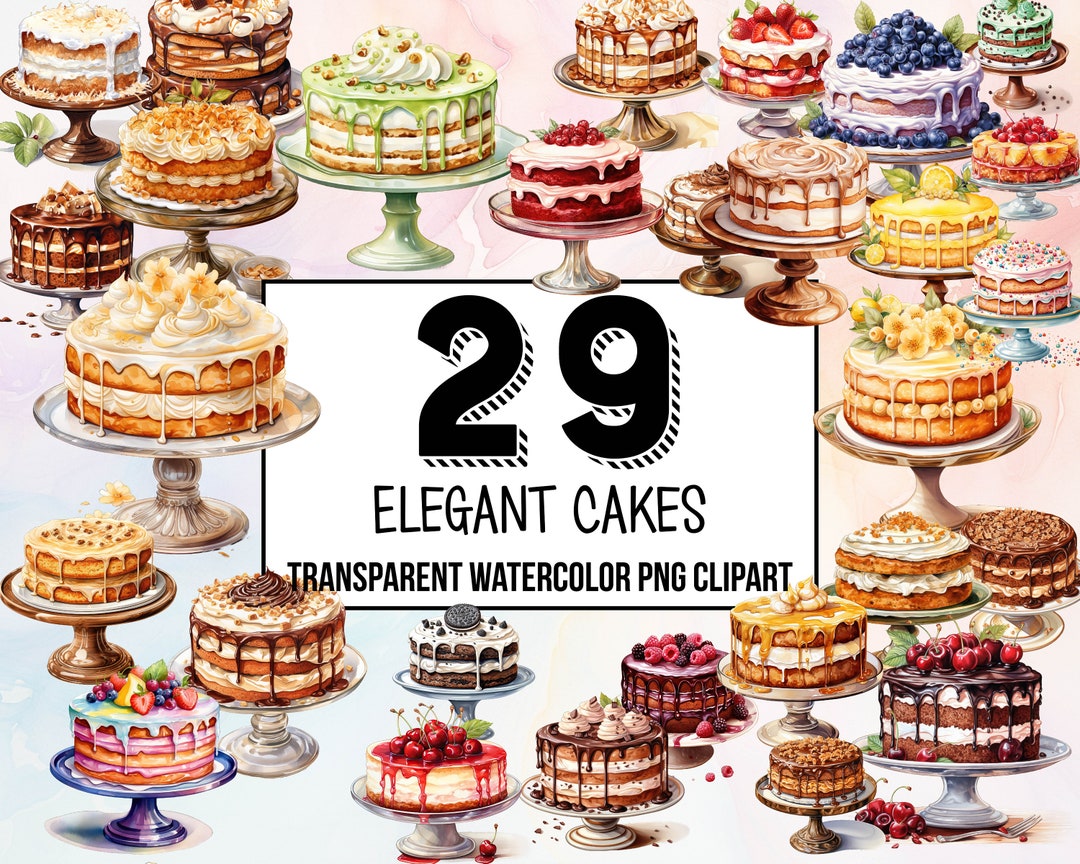 Elegant Cake Clipart Set - Watercolor Dessert Illustrations - Artistic ...