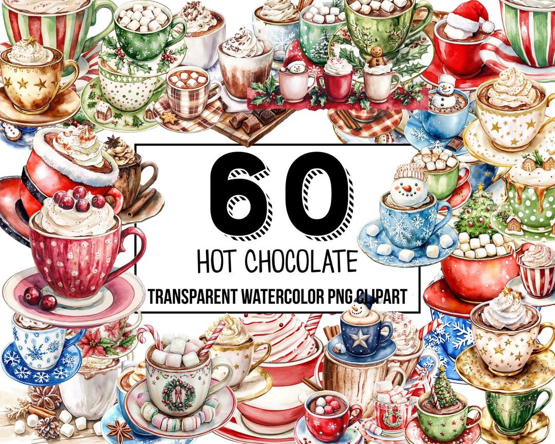 Hot Chocolate Watercolor Clipart - Cozy Winter Drinks, Hot Cocoa Pngs ...