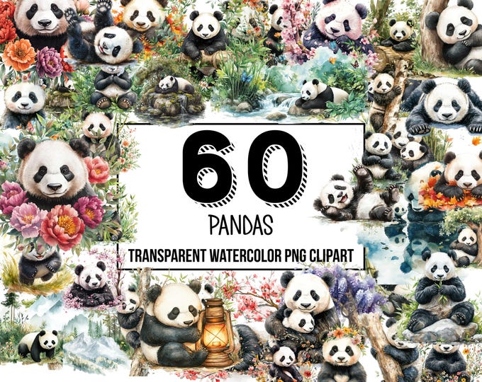 6 Panda Clipart, Cute Pandas With Hearts Clipart, Valentine Pandas ...