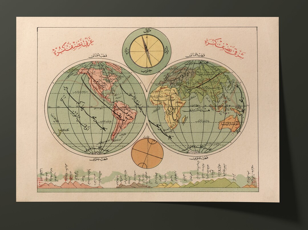 1927 Double Hemisphere Atlas Map Vintage Ikbal Kutuphanesi World Map ...