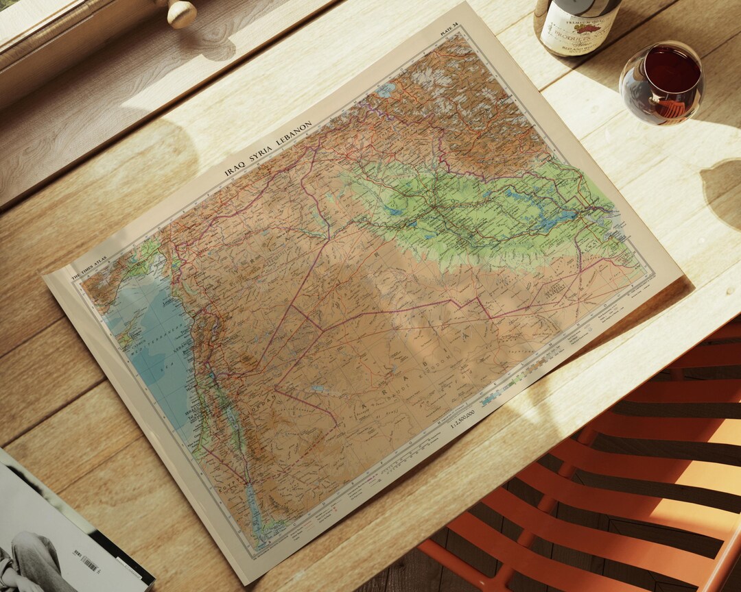 1959 Map of Jordan, Syria, Iraq, Lebanon | Vintage Map of Middle East ...