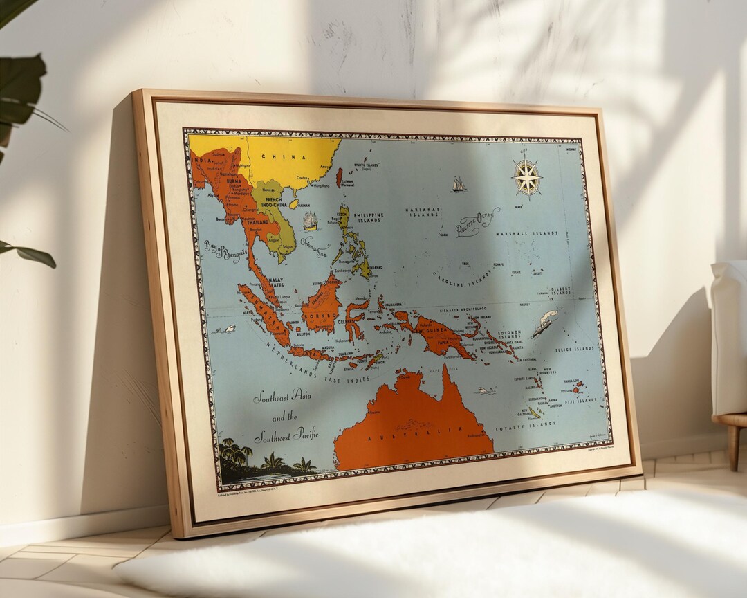 1944 Southeast Asia & Pacific Map: Vintage Cartography Art Print - Etsy